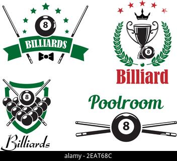 Billiards, snooker and pool game emblems and logo in green, red and ...