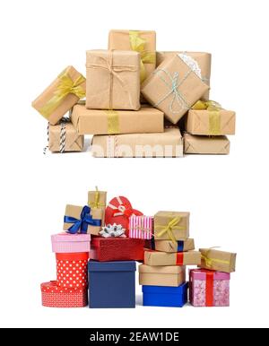 festive gift box stack isolated on white background Stock Photo - Alamy