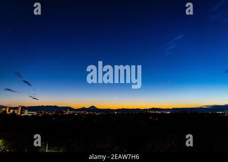 Fuji and winter evening landscape (Tachikawa). Shooting Location: Tokyo ...