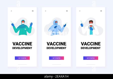 doctors in protective masks holding syringe and bottle vial coronavirus ...