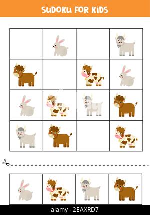 Sudoku kids game farm animals, fruits and vegetables. Vector riddle ...