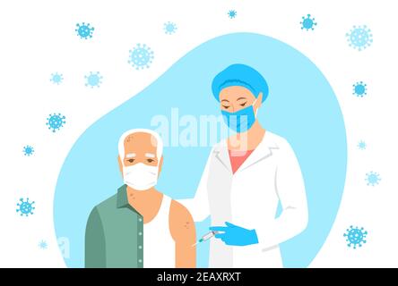 Doctor gives the old man an injection of the flu vaccine. The concept ...