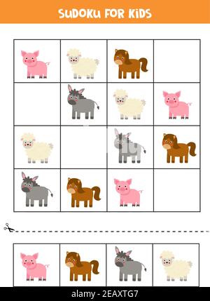 Vector farm sudoku puzzle for kids with pictures. Simple on the farm ...