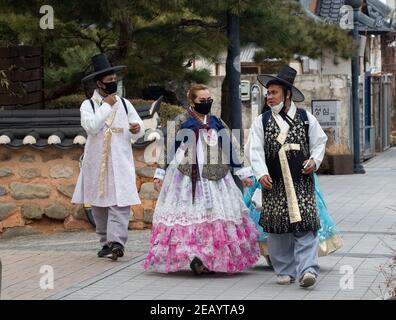 Jeonju, South Korea. 11th Feb, 2021. Tourists wearing Hanbok, the ...