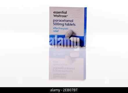 Waitrose Paracetamol 500 mg box on white background with reflection ...