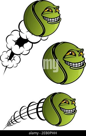Green spiteful cartoon tennis ball with evil grin and motion lines as ...