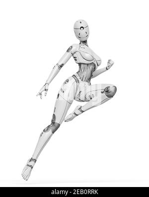 gynoid is the super fembot is doing a comic action pose in white ...