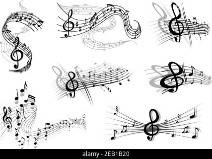 Music wave with notes. Musical swirling line. Isolated sound art vector ...