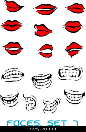 outline Cartoon Mouth Set . Tongue, Smile, Teeth. Expressive Emotions ...