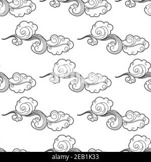 Sketch engraved clouds seamless pattern. Hand drawn white cloud on blue ...