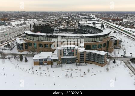 A general overall aerial view of Guaranteed Rate Field and downtown ...