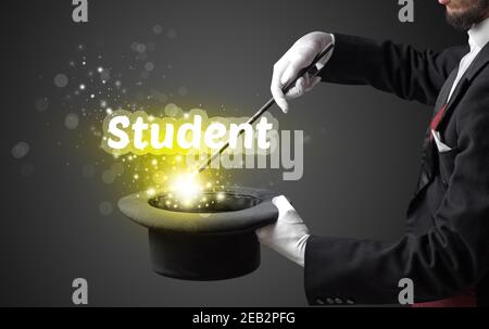 Magician is showing magic trick with Student inscription, educational ...