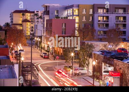 Twilight view of the downtown skyline of Downey, California, USA Stock ...