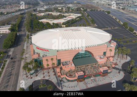 An aerial view of the Honda Center, Wednesday, Feb. 10, 2021, in ...