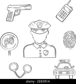 Sketch of police officer in uniform with badge and peaked hat with ...