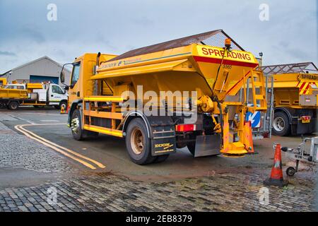 Road gritting equipment in Birkenhead, Wirral, UK. The Wirral Salt Dome ...