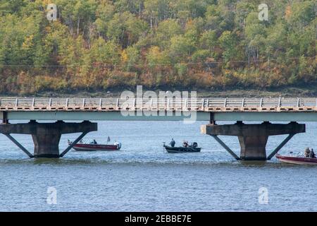 Boaters under the bridge that crosses the Shellmouth Reservoir, also ...
