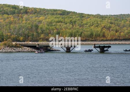 Boaters under the bridge that crosses the Shellmouth Reservoir, also ...