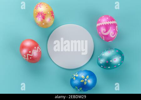 Minimal easter card. Five easter trendy color decorated eggs on light ...