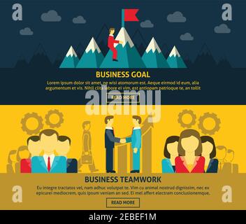 Teamwork horizontal banners set with project support symbols flat ...