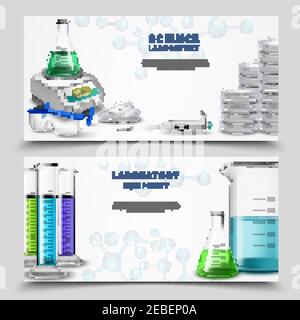Two horizontal banners set with science laboratory equipment symbols ...
