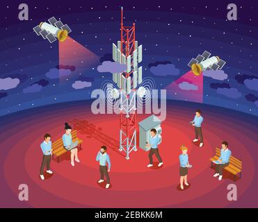 Public wireless technology access isometric poster with symbolic wifi ...