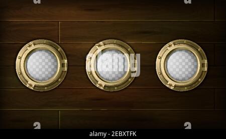Ship golden portholes cartoon set with wooden sides vector illustration ...