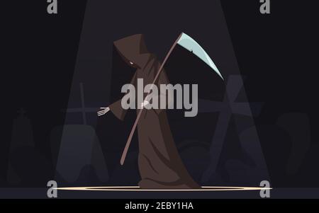 Spooky death skeleton in hooded cape cloak with scythe. Sketched grim ...