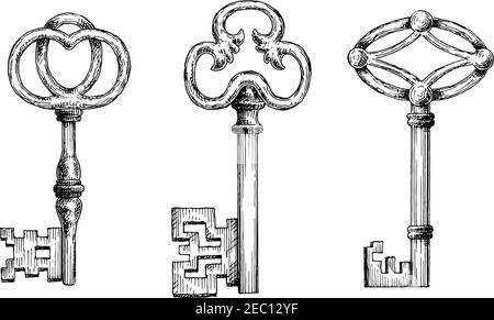 Ancient keys vintage engraving sketches with ornamental forged bows ...