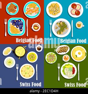 Swiss cuisine food dishes, traditional meals menu, vector Switzerland ...
