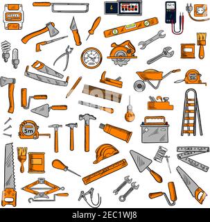 Carpenter and toolbox tools sketches with hammer, file, axe, nails ...