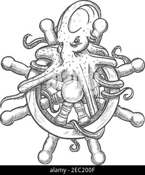 Octopus on helm, nautical marine vector icon, vector ocean kraken. Ship ...
