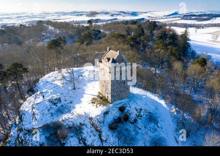 Aerial view of Fatlips Castle a Border Peel Tower situated at the top ...
