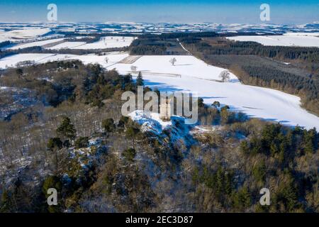 Aerial view of Fatlips Castle, or Minto Castle, a peel tower in ...