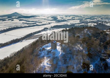 Aerial view of Fatlips Castle, or Minto Castle, a peel tower in ...