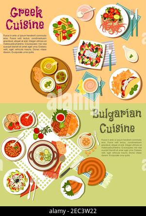 Bulgarian cuisine dinner dishes icon with vegetable meat stew, fried ...