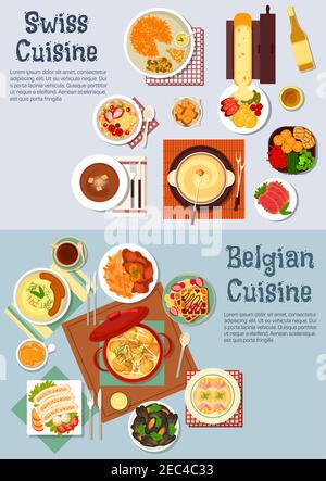 Swiss cuisine food dishes, traditional meals menu, vector Switzerland ...