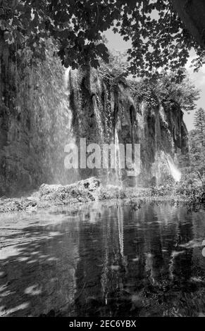 Grayscale. Waterfall reflection in small clear transparent lake ...