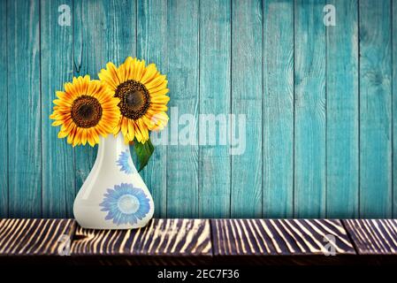 Sunflowers on a wood background. Copy space. Top view. Autumn concept ...