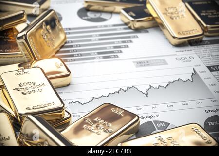 A stack of solid gold ingots on an isolated dark background - 3D render ...