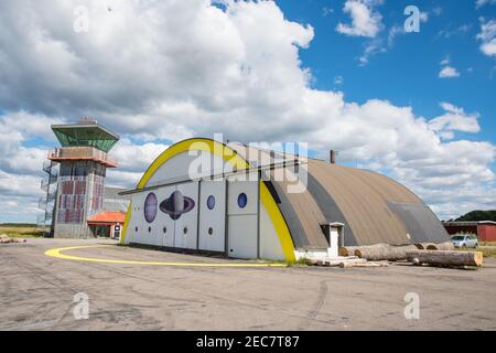 Hangar and control tower at the former military airport Avno in Denmark ...