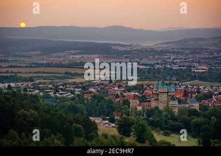 Beautiful aerial view on Bojnice castle and town of Bojnice in a soft ...