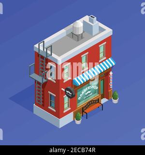 Barbershop building isometric concept with moustache on blue background ...