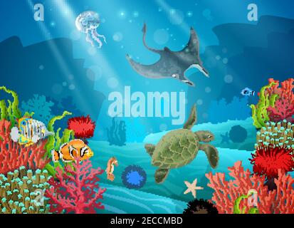 Underwater cartoon landscape with various sea animals and plants vector ...