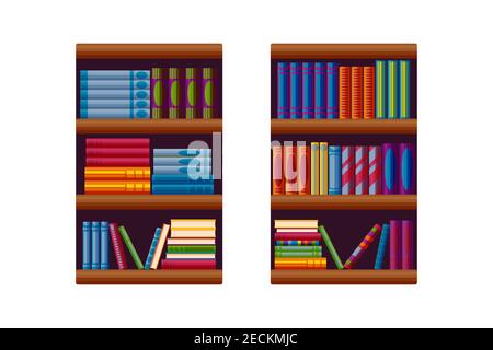 Bookcases for home library. Bestseller bookshop in cartoon style ...