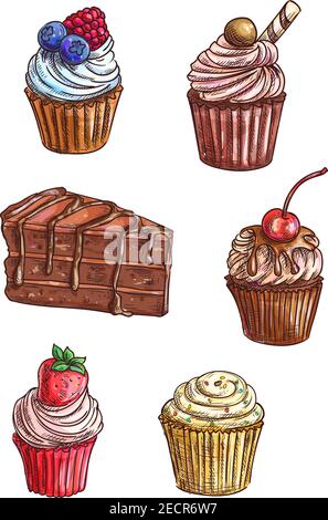 Delicious chocolate cake and cupcake sketches topped with vanilla ...
