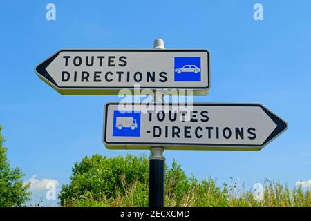 French road sign signpost Toutes Directions directional signs, France ...