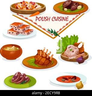 Pork dishes with snack food icon of baked and boiled pork shank with ...