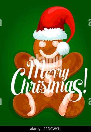 Gingerbread man is decorated in Xmas hat and candy cane on green ...
