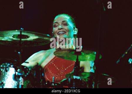 Caroline Corr, drummer with Irish band 'The Corrs', performing on stage ...